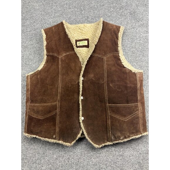 Vintage Suede Leather Vest Mens Large Brown Sherpa Lined Western Snap 70s